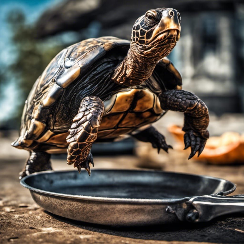 a realistically colored turtle in a frying pan melted like a plastic ...
