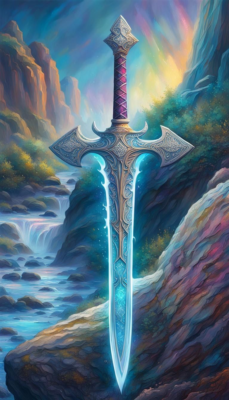 glowing sword in a rock close up shimmery and in the style of Josephine ...