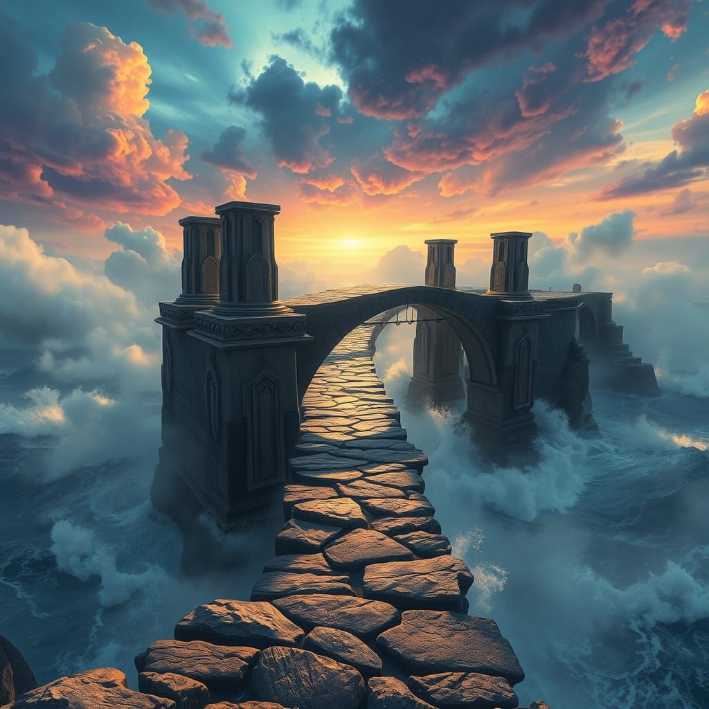 Ancient Stone Bridge in a Stormy, Mystical Sea - AI Art