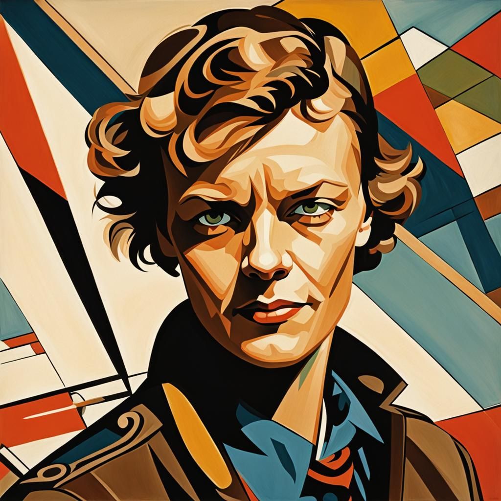 portrait of Amelia Earhart in color in a Vorticism art style, capture ...