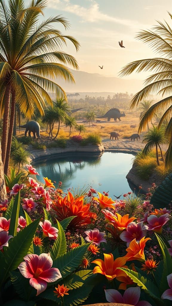 A scene capturing the prehistoric world from a distant cliff.