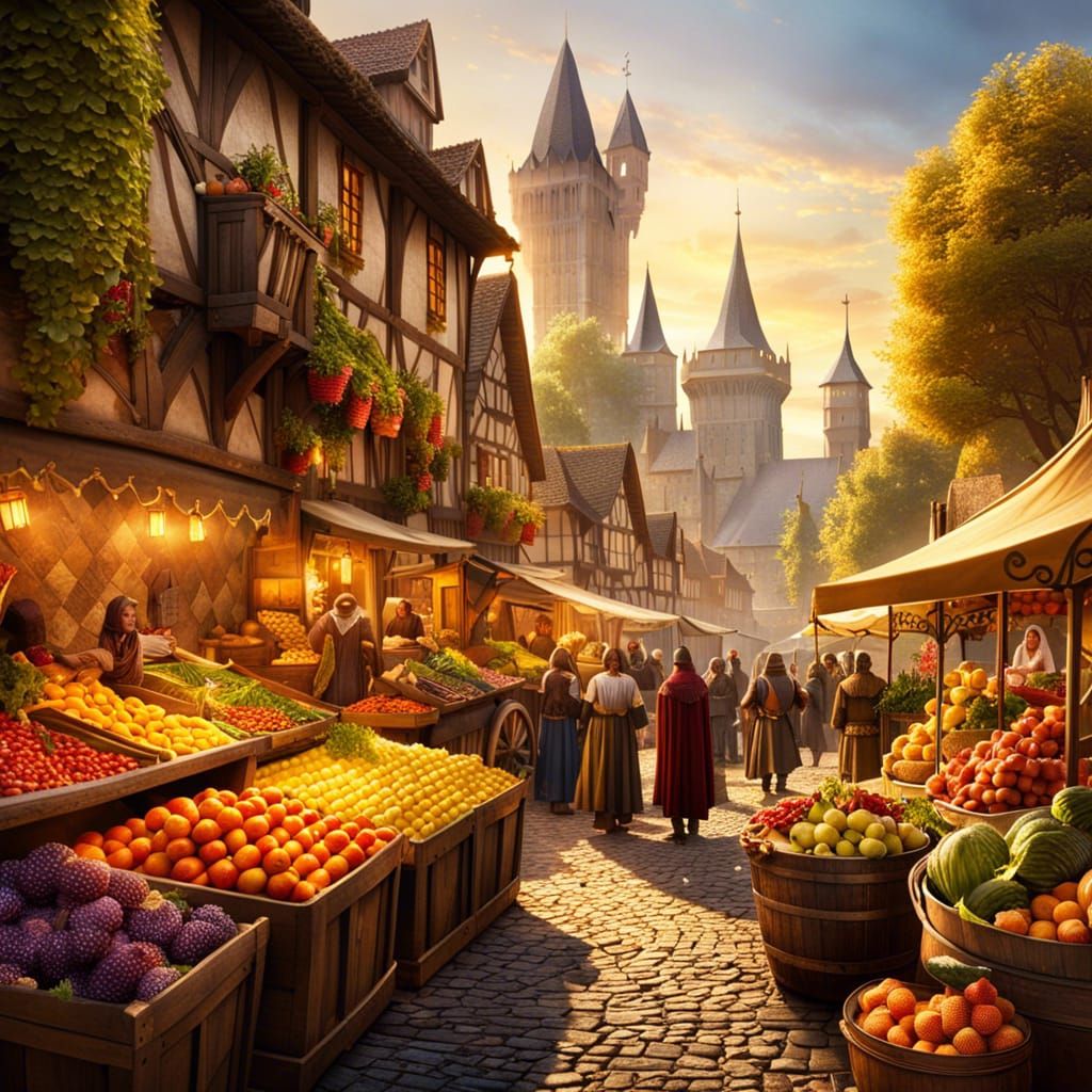 Fruit market in a medieval town - AI Generated Artwork - NightCafe Creator