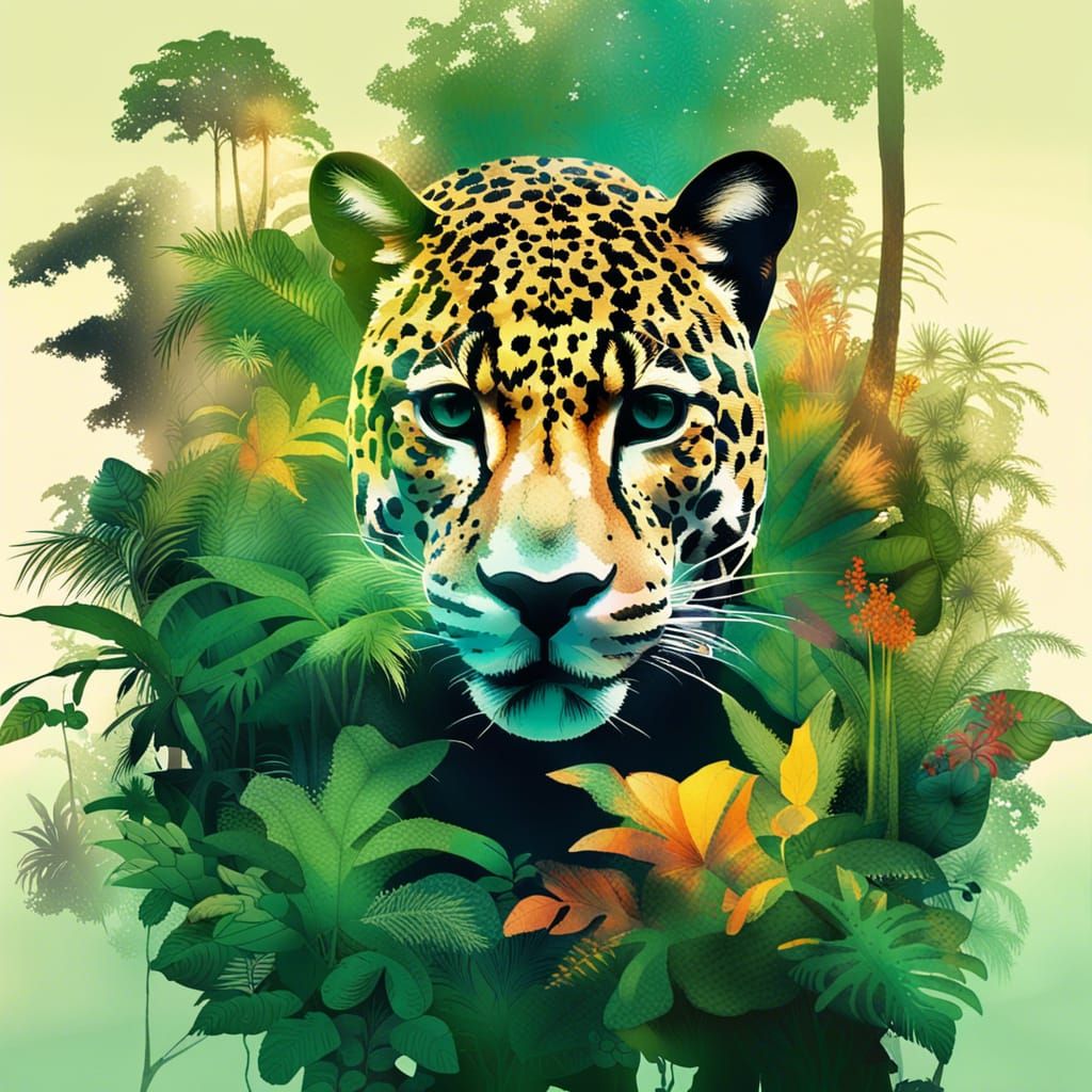 Double Exposure Jaguar Rainforest - AI Generated Artwork - NightCafe Creator