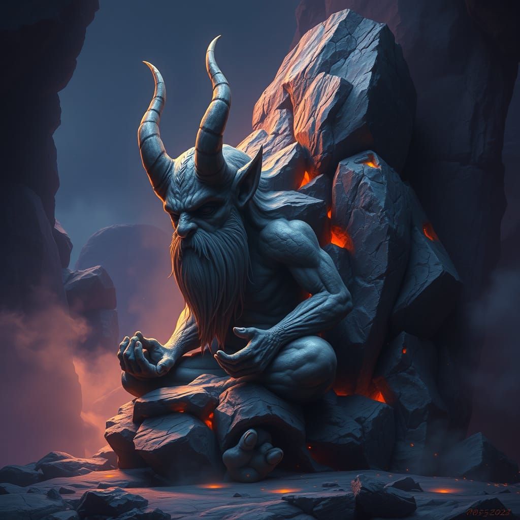 Pogrebin - Mystical Rock Demon Meditating in Fantasy Realm