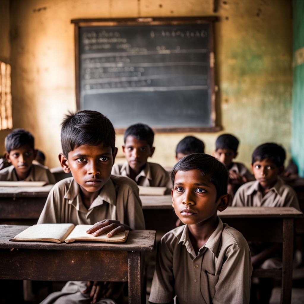 Children sincerely looking at the blackboard in rural region government ...