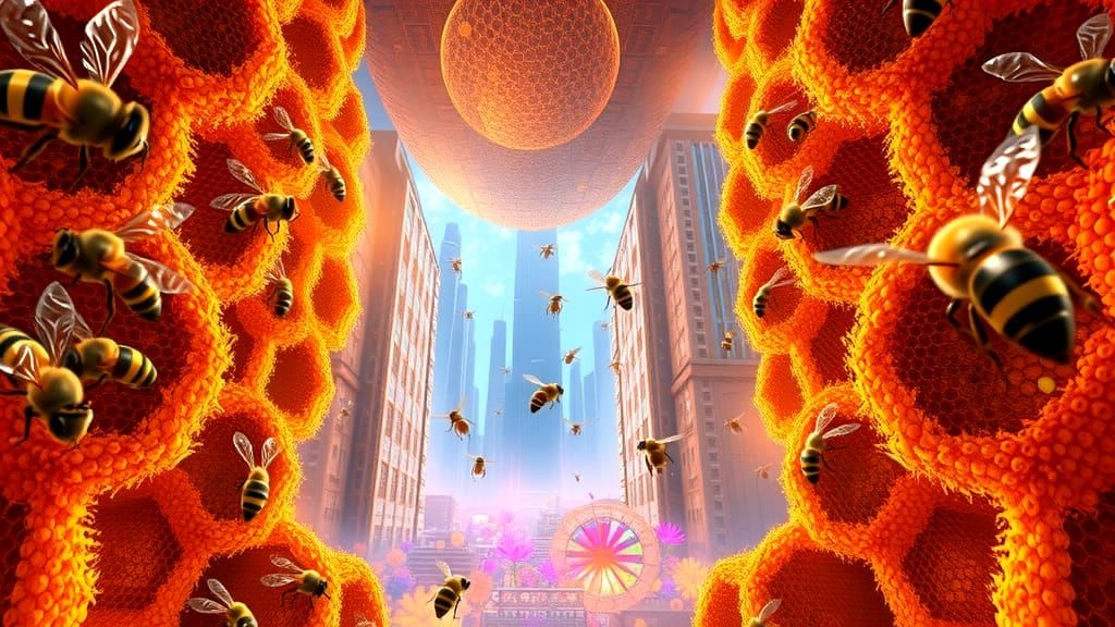 Inside a huge, futuristic beehive.