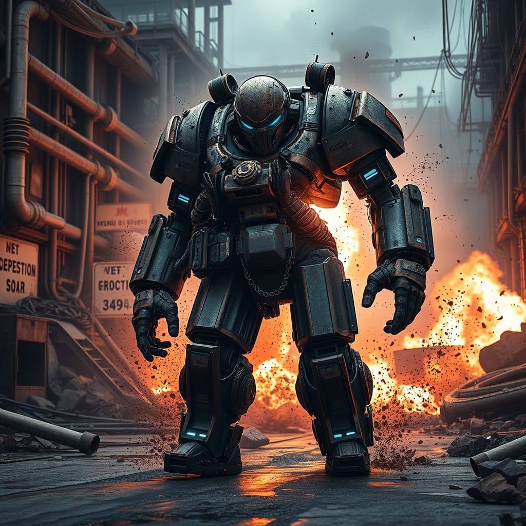 Cyborg Soldier in Dystopian Ruins, in Cyberpunk St... - AI Art