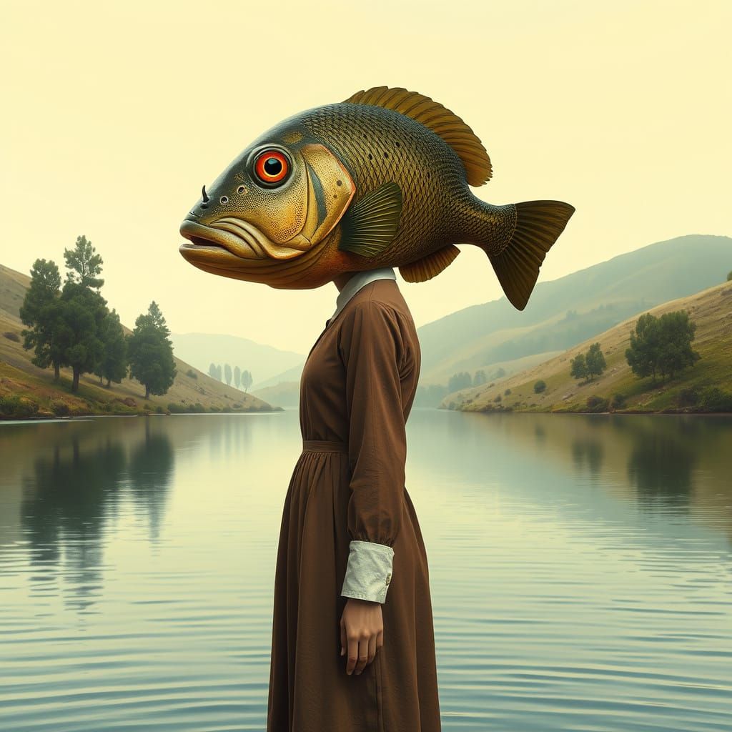 Surreal Fish Goddess Embracing Serene Lake Landsca... - AI Art