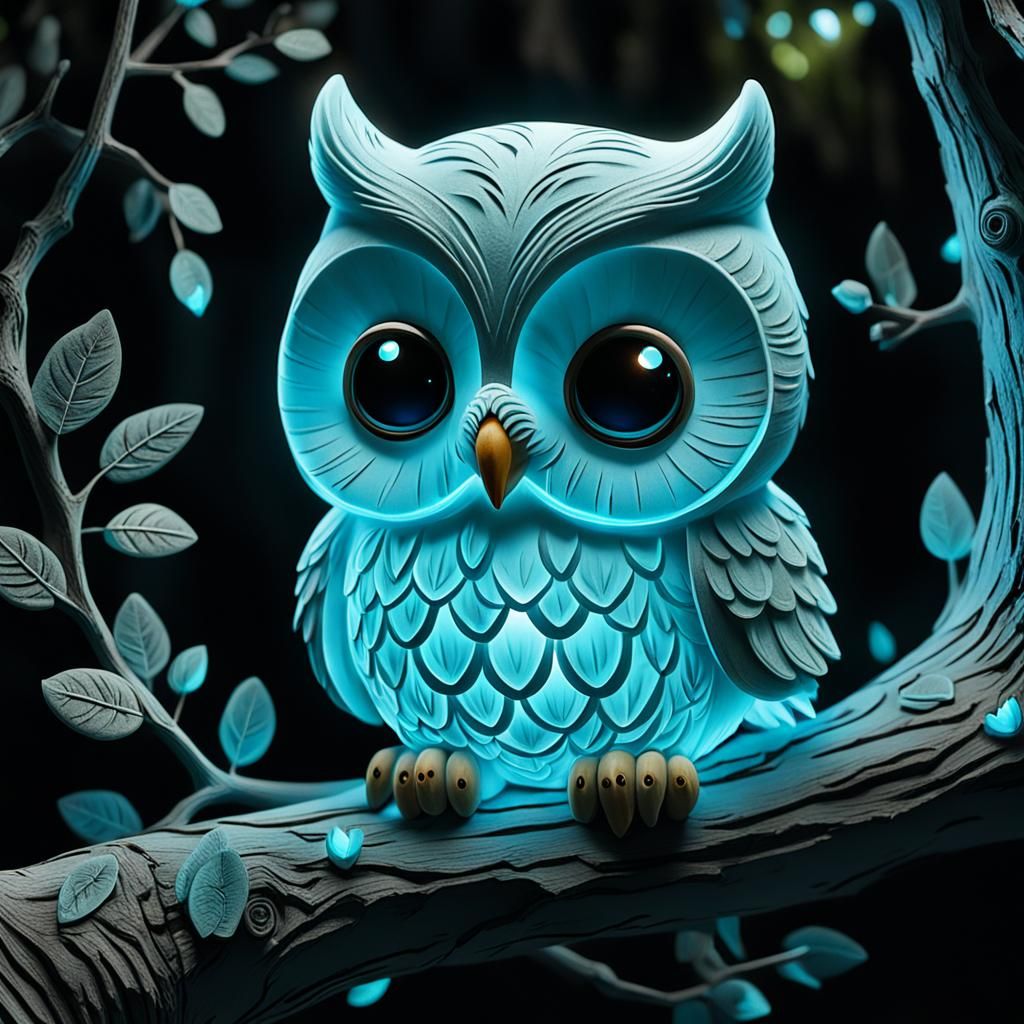 a cute baby blue glowing owl in the dark sanding on trees - AI ...