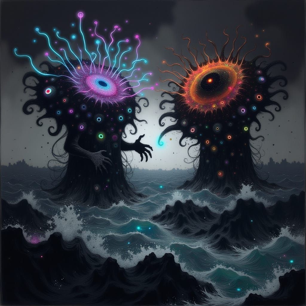 Ethereal Clash of Dark Sea Titans in Icy Abyss - AI Art