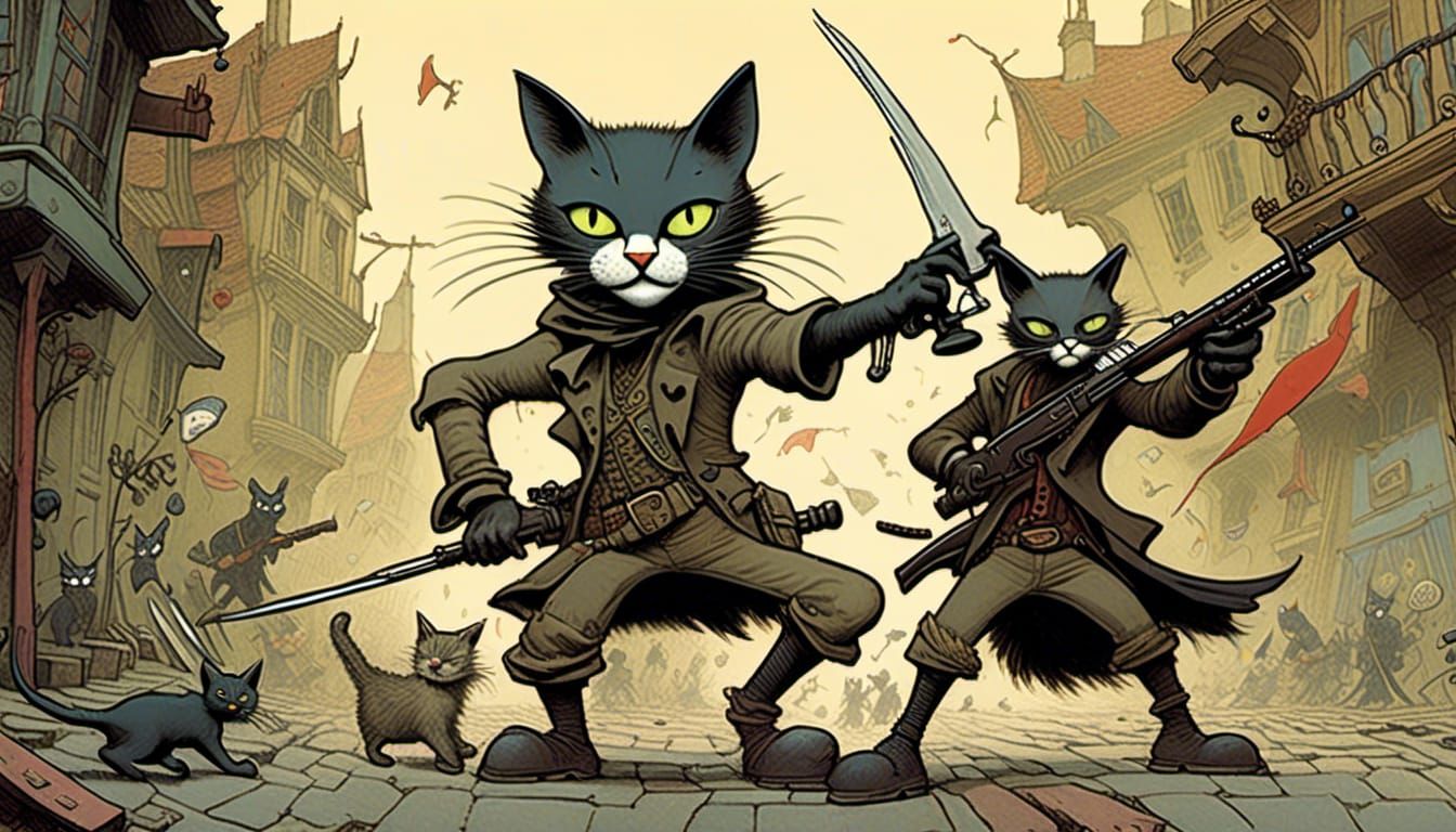 (an armed stealth assassin cat fighting an armed mercenary cat:1.5 ...