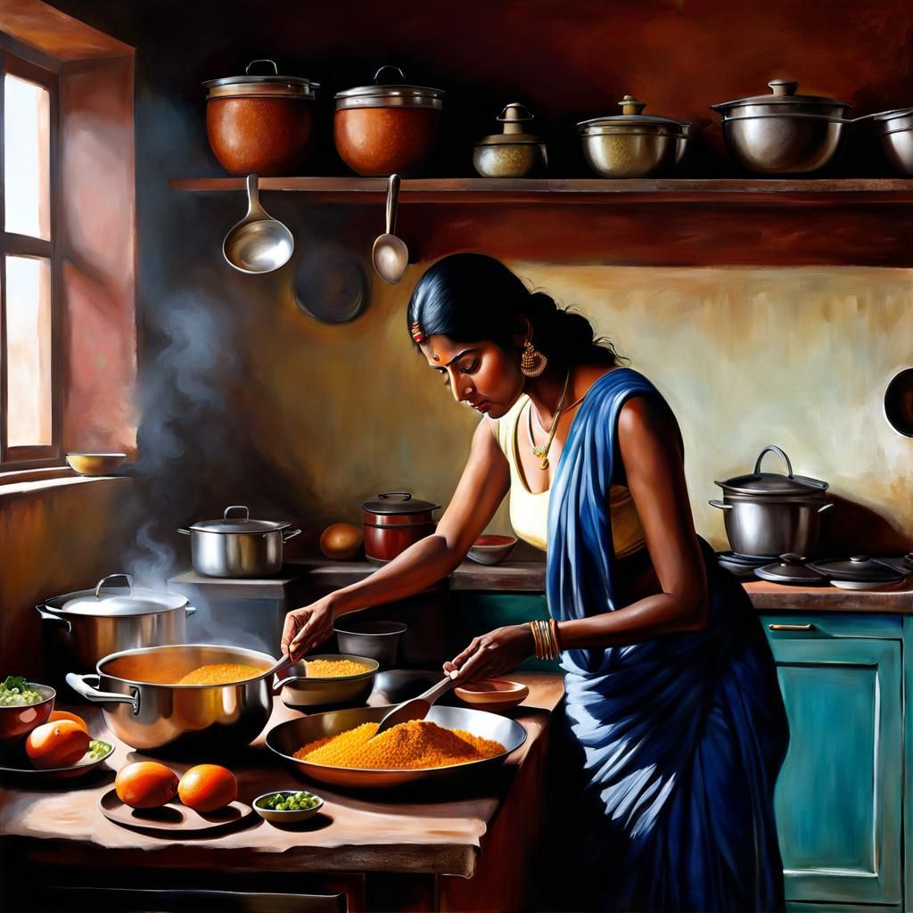 Indian woman cooking in kitchen, bare female body, photorealism - AI ...