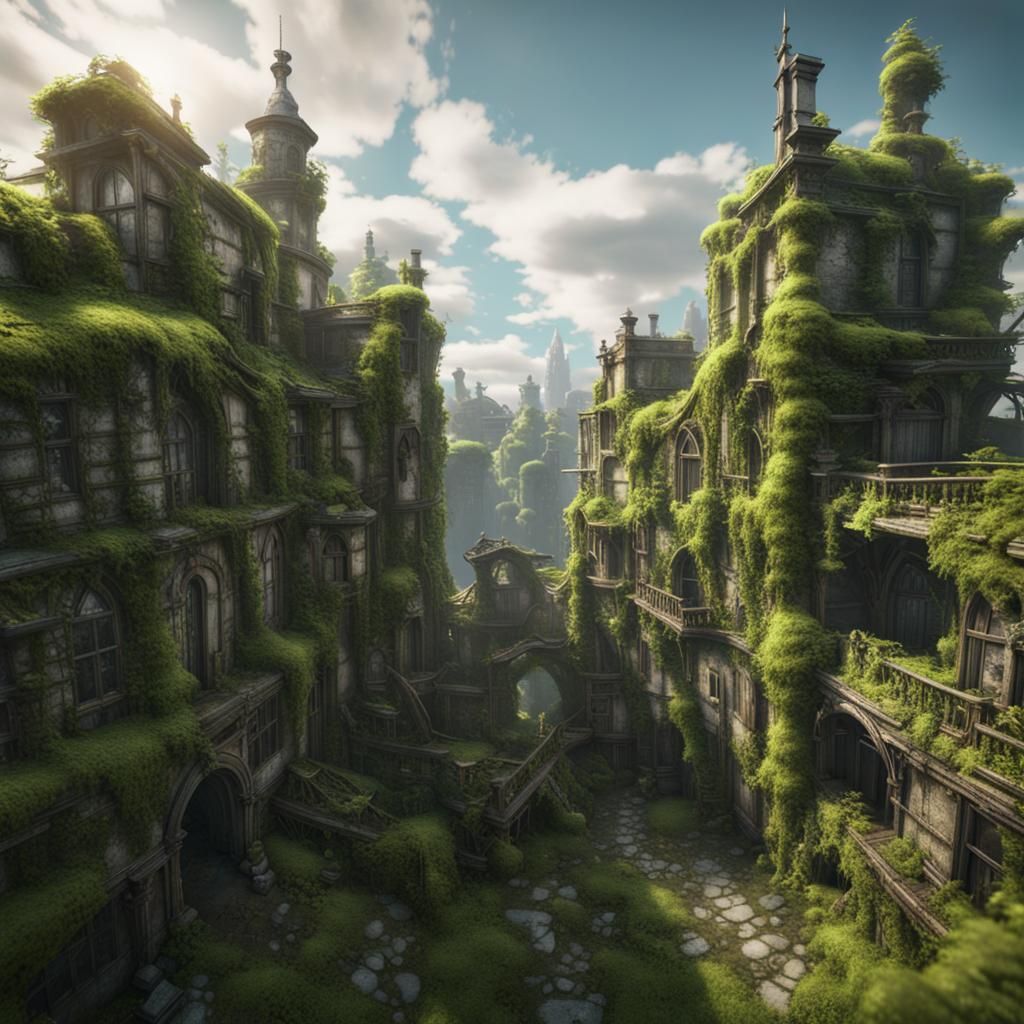 Overgrown city covered in vines and moss - AI Generated Artwork - NightCafe Creator