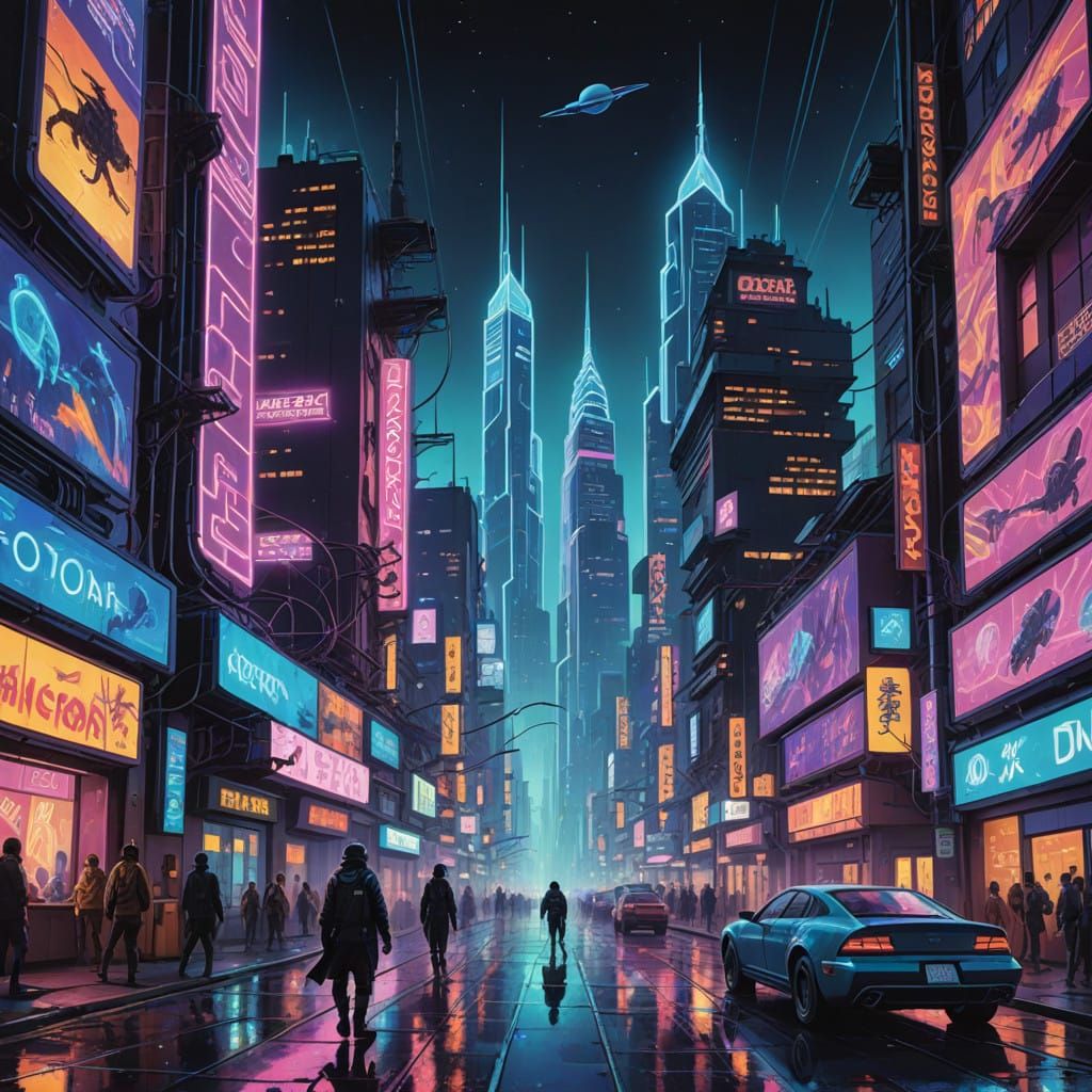 Cosmic Kobolds in Neon Cyberpunk Metropolis - AI Art