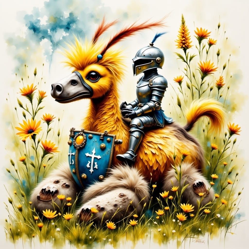 Chocobo Knight in Whimsical Watercolor Style - AI Art