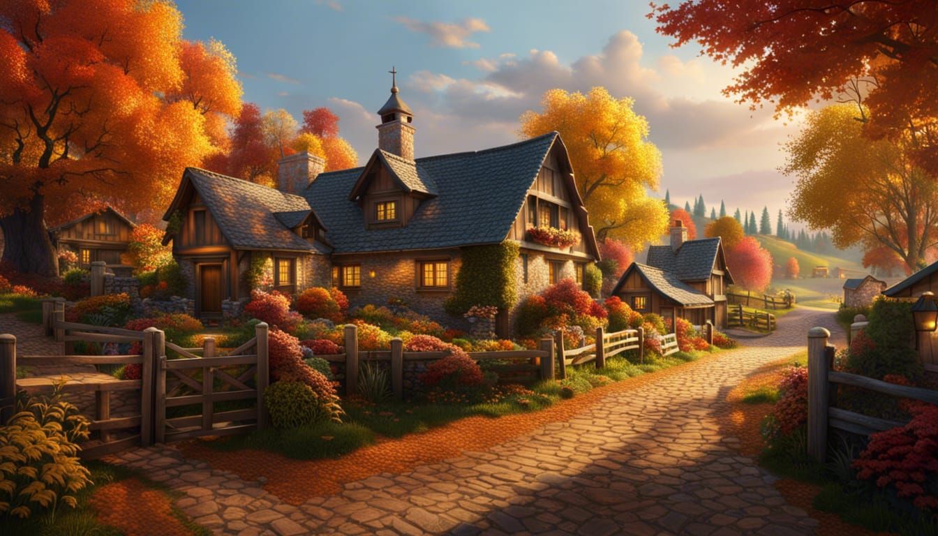 Photorealistic beautiful Countryside village with several cottages in ...