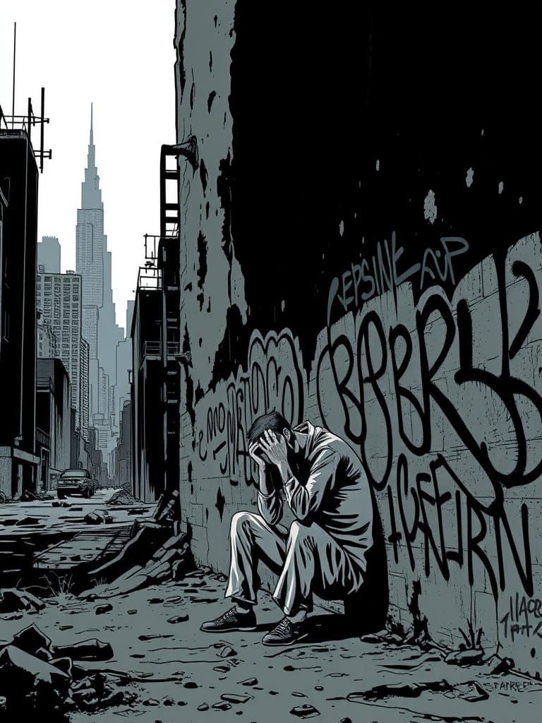 Inscription: "Hours of despair". Made in a bold and dark style ...