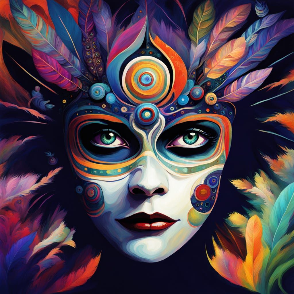 Head and shoulders of a Beautiful woman iridescent sparkling collage scribble drawing feathers ...