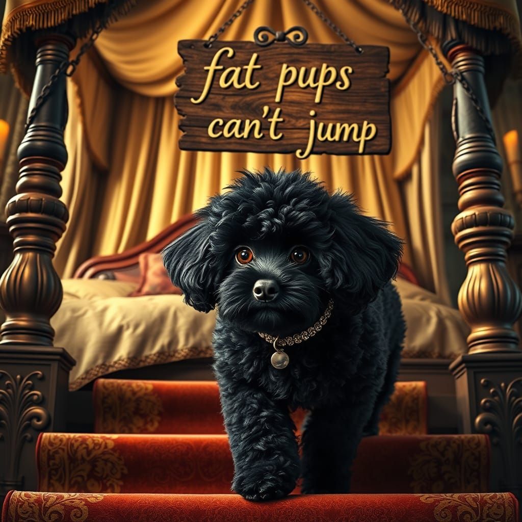 Hyper realistic very beautiful black very fat toy poodle with large ...