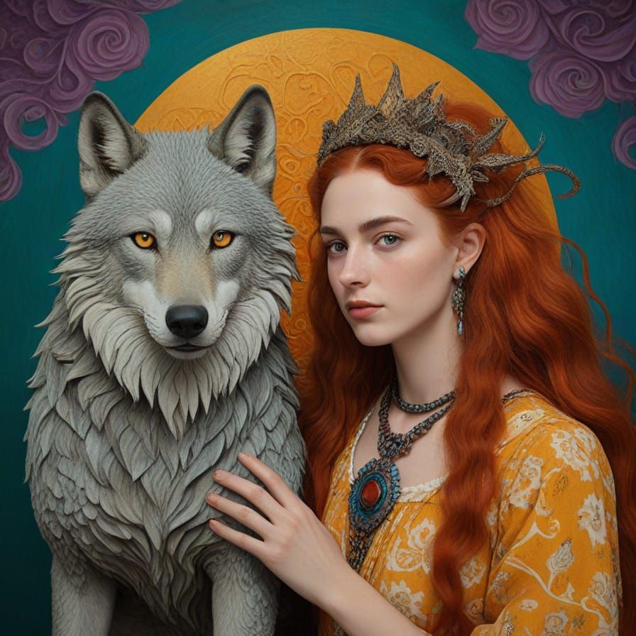 Vibrant Orange Goddess Embracing Wild Wolf in Drea... - AI Art