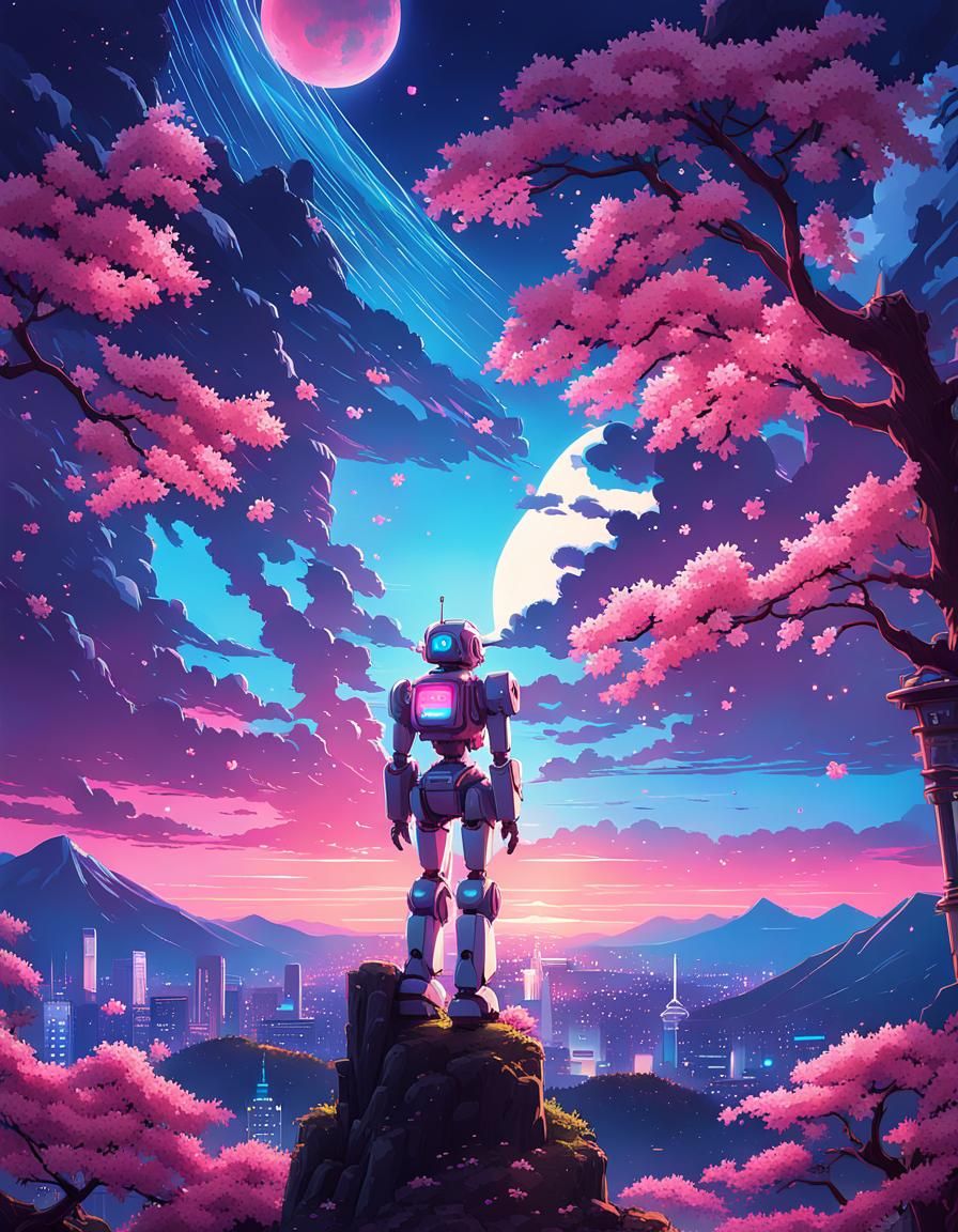 (cute anime art of a cute Robot Girl Robot in pink tones with cherry ...
