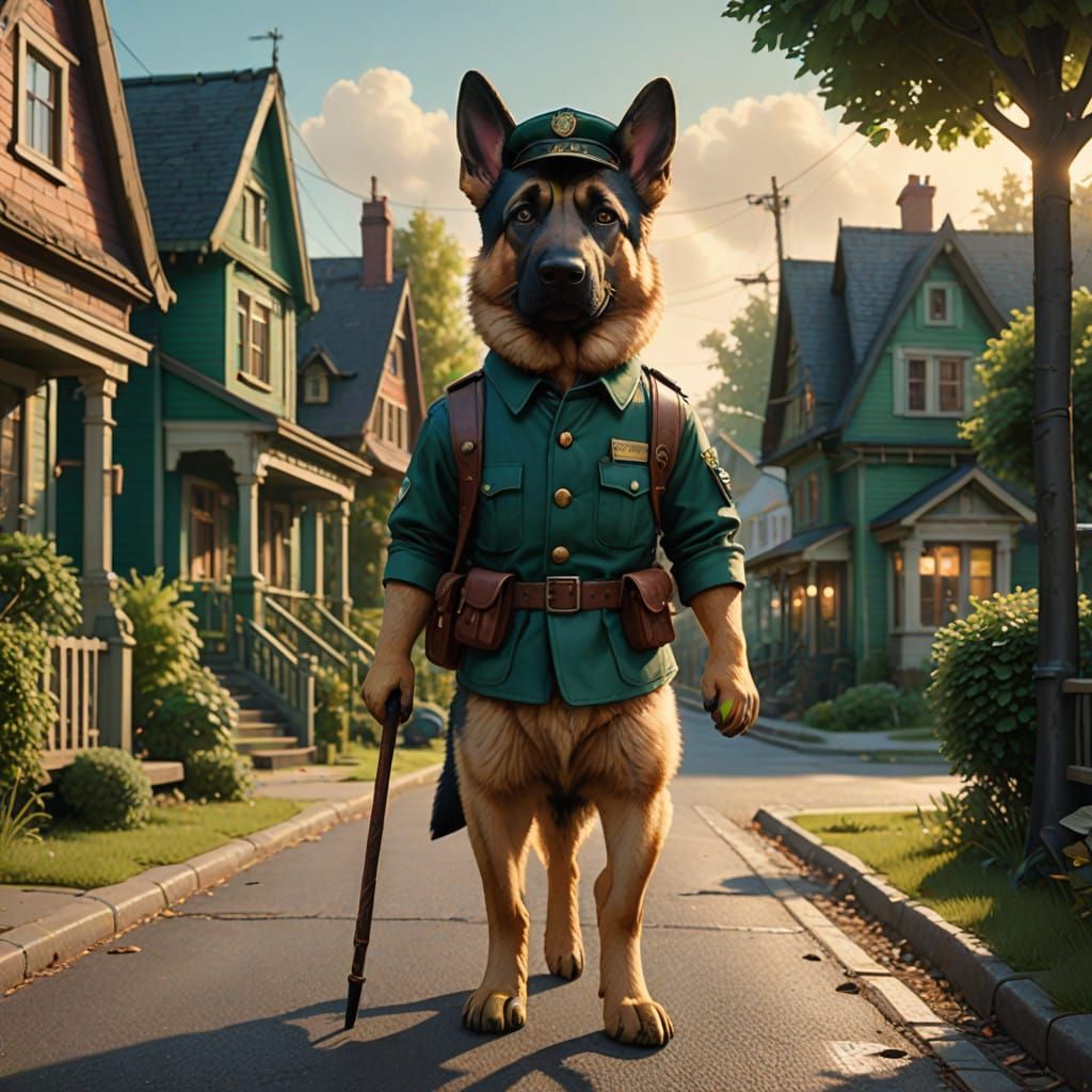 a German Shepard, dressed as a mailman, carrying a mailbag, walking on ...