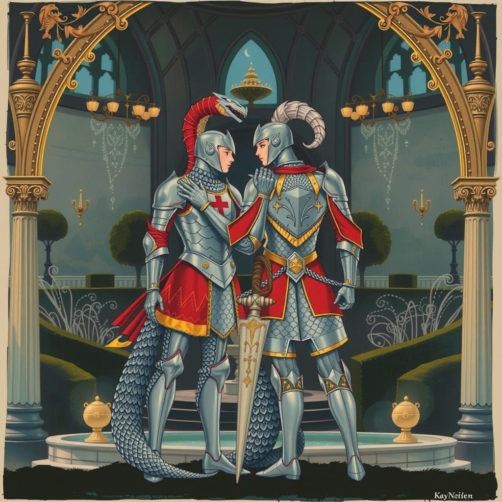 Surreal Baroque Knights Embracing in Grand Courtya... - AI Art