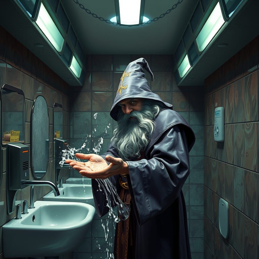 Mystic Wizard in Public Restroom Scene - AI Art