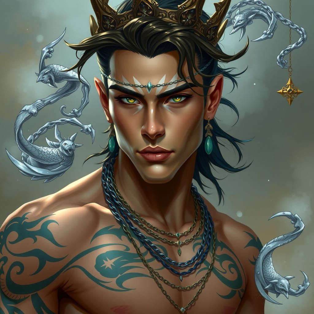 Regal Young Adonis with Chains and Piercing Gaze - AI Art