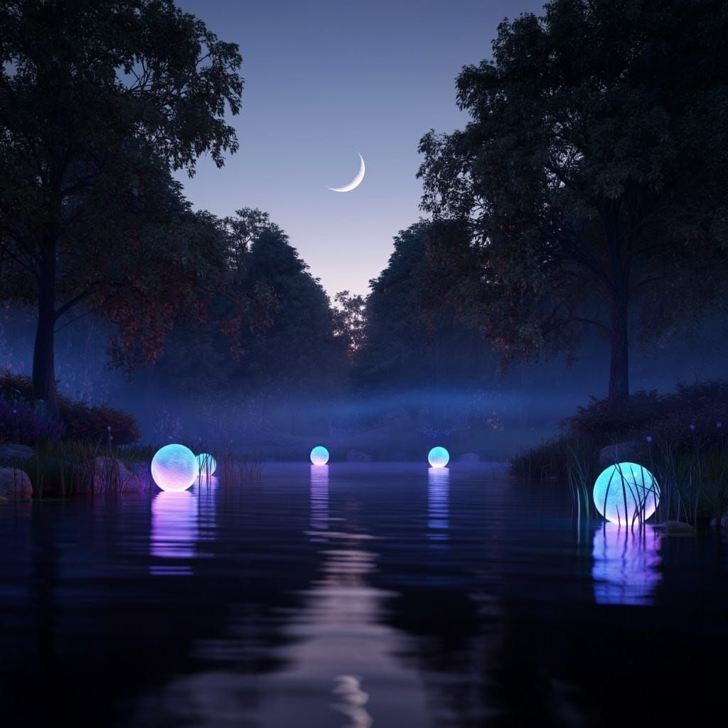 Surreal Pond Scene with Glowing Orbs under Moonlig... - AI Art