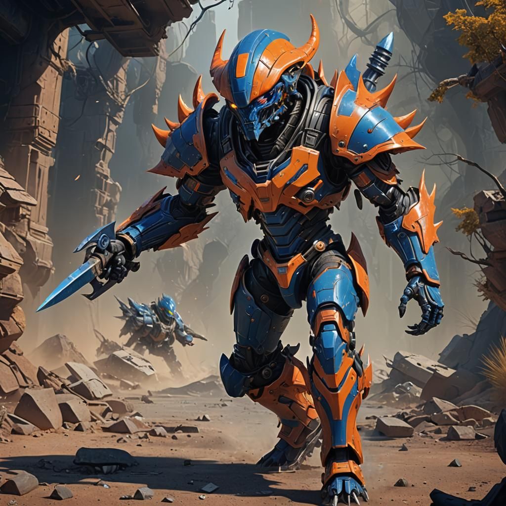 blue giant and strong humanoid alien with orange armor and shoulder ...