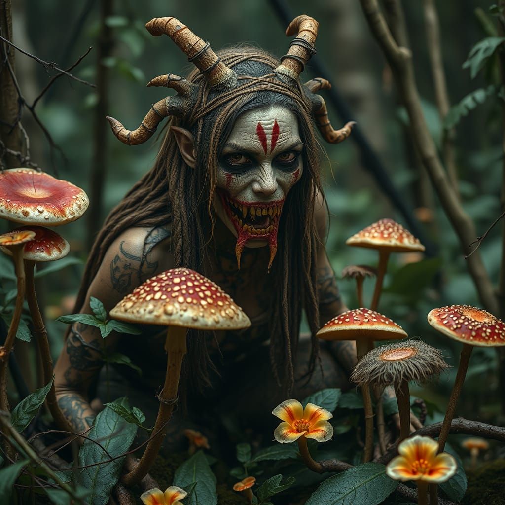 female cannibal barbarian, Mutated swamp, toxic flowers, savage mushrooms