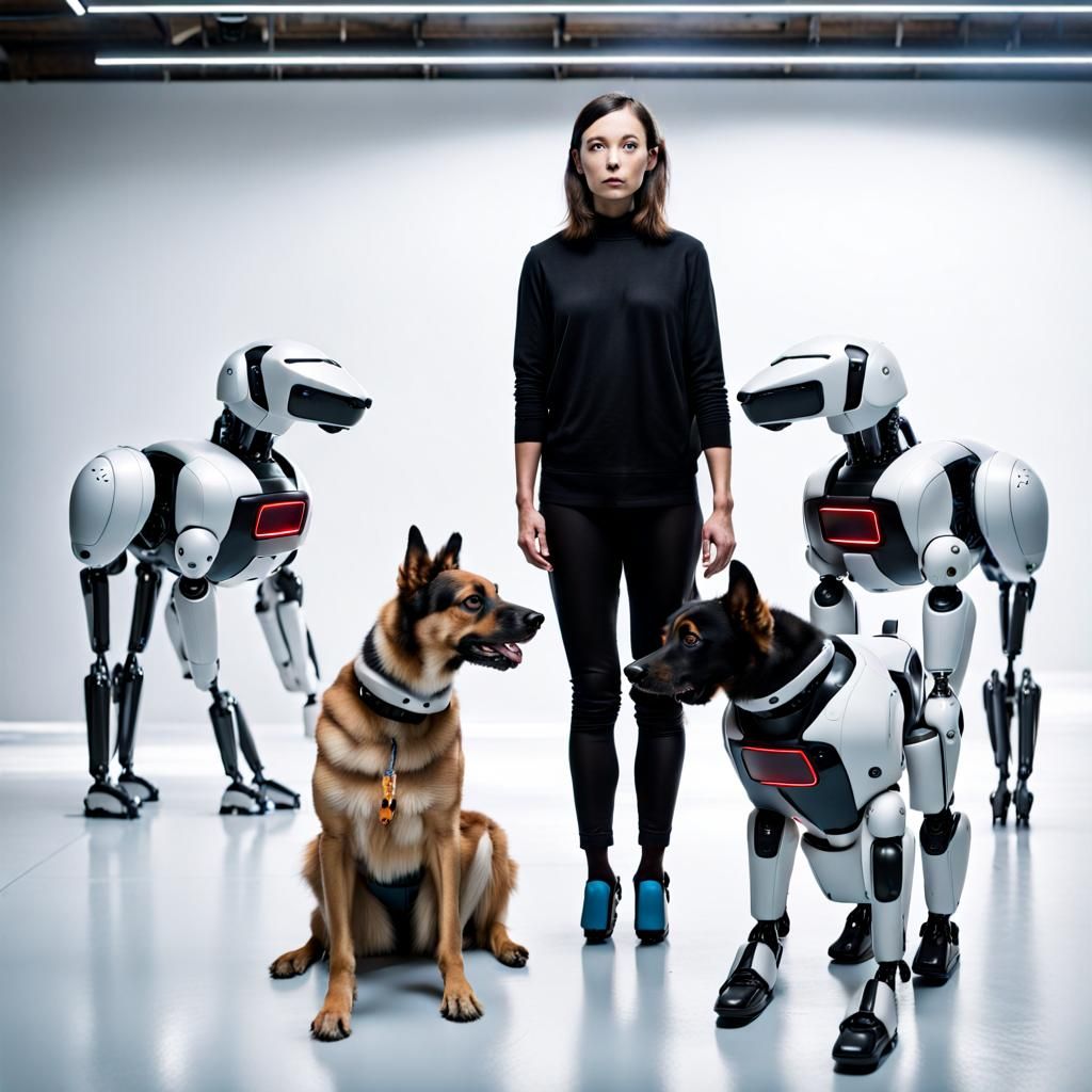 Robotic dogs with robotic woman - AI Generated Artwork - NightCafe Creator
