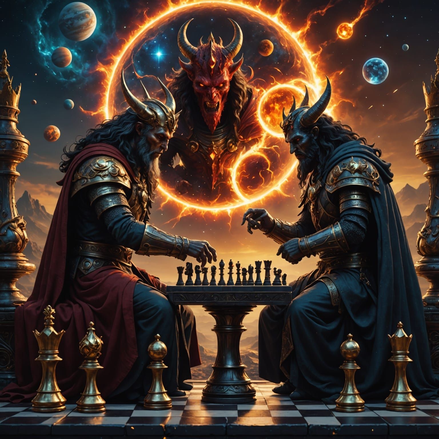 God and Satan Engage in Epic Chess Match Against C... - AI Art