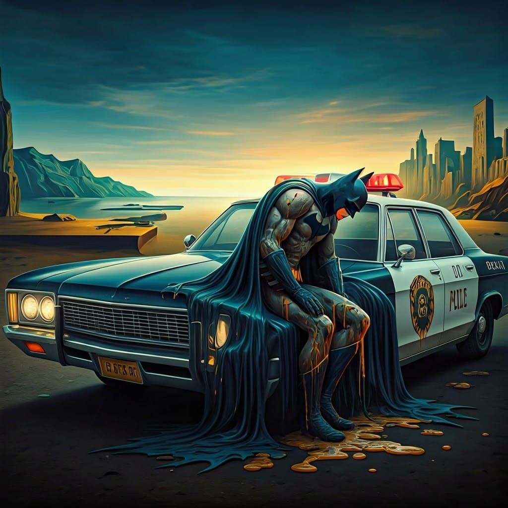 surrealist style a wax batman melting over a police car in gotham city ...