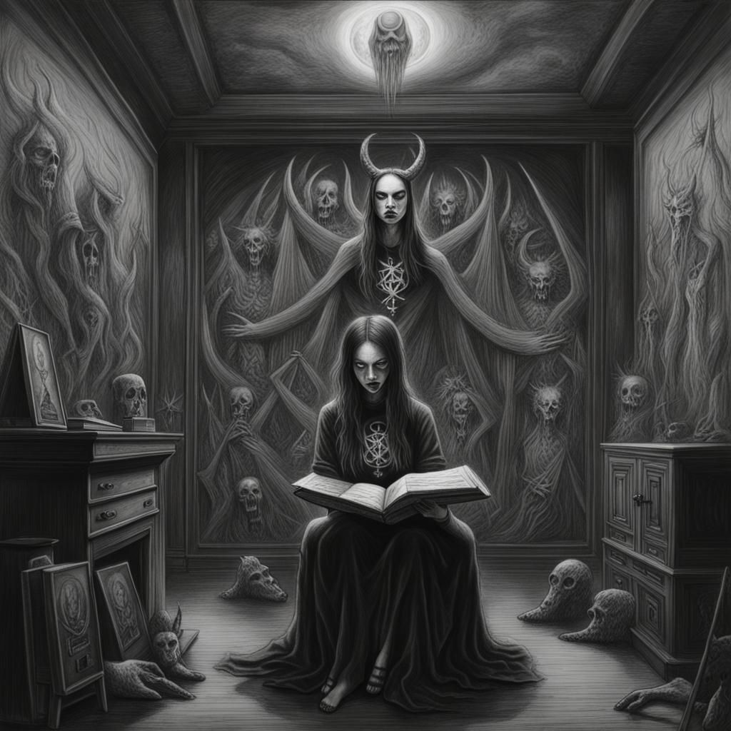A female black metal musician praising Satan in a room with satanic ...