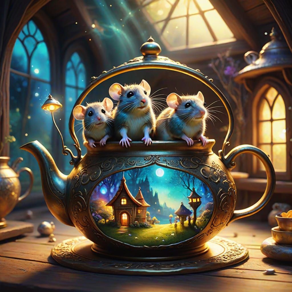 cute little furry mice in a tea pot house
