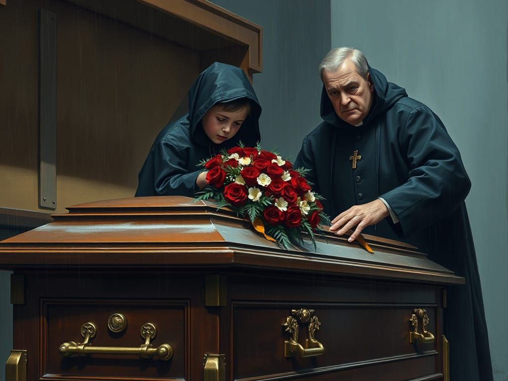 Mourning Child Places Wreath on Coffin in Rainy Fu... - AI Art
