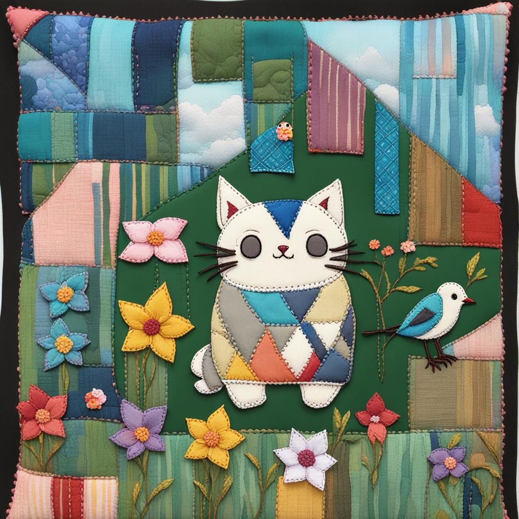 Patchwork Pillow—Cat, Bird and Flowers - AI Generated Artwork ...