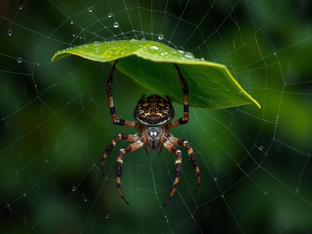 Rainy Spider Takes Refuge Under Umbrella Web - AI Art