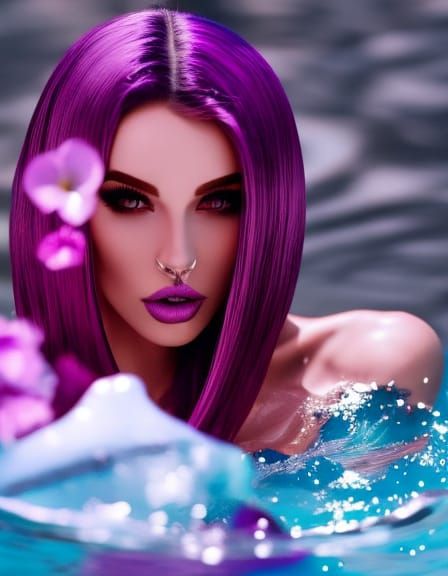 A Pretty Purple Haired Young Lady With A Nose Ring Enjoys A Dip In The Pool Ai Generated