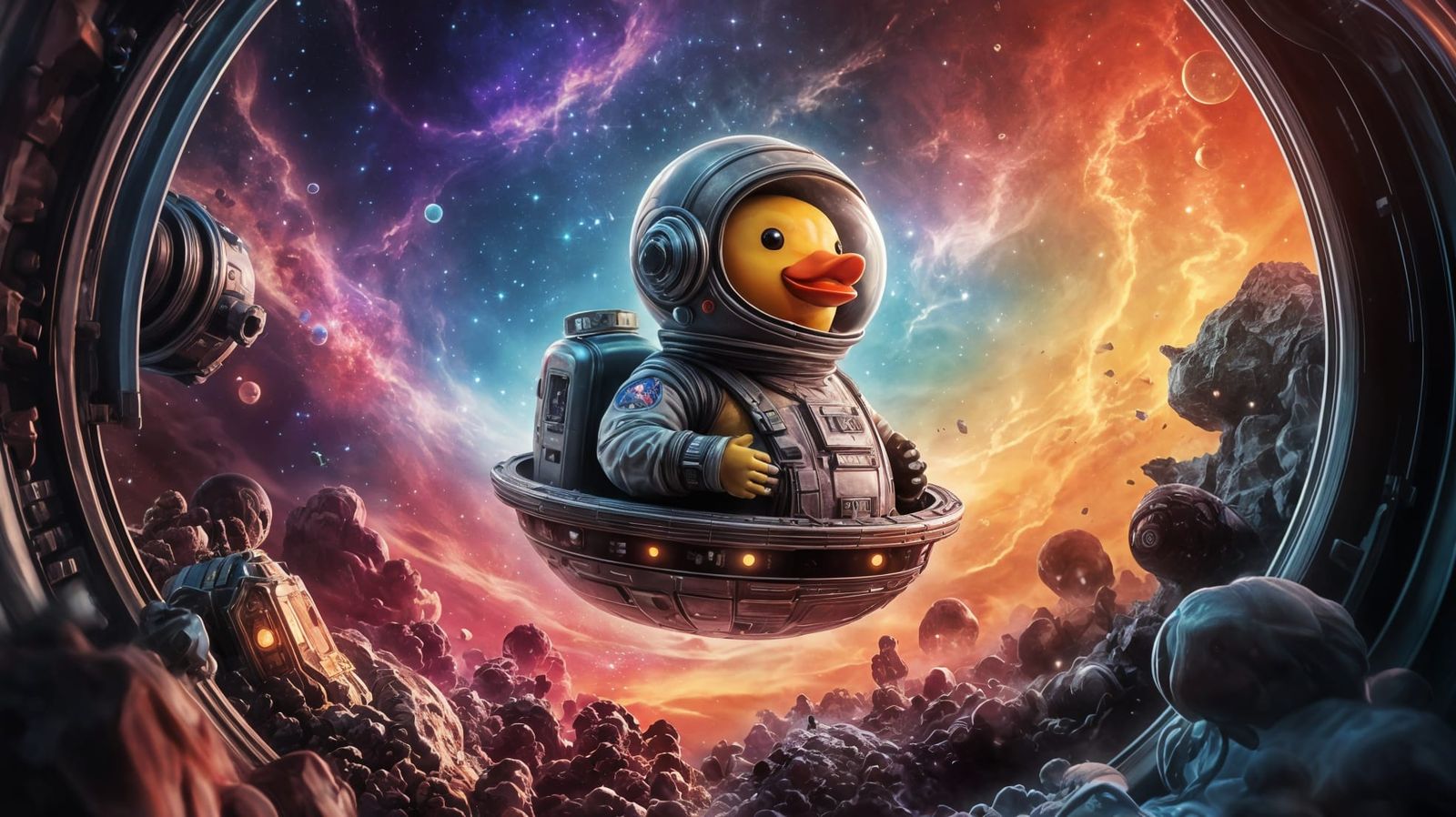 Astro Duck - Cosmic Space Duck Astronaut in Futuristic Stars...