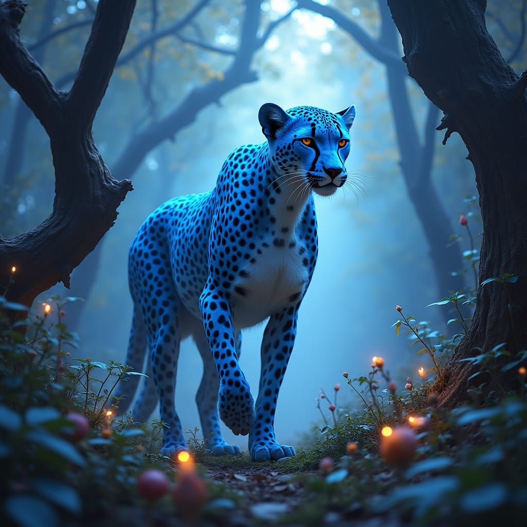 Blue Cheetah - Ethereal Blue Cheetah in a Mystical Jungle
