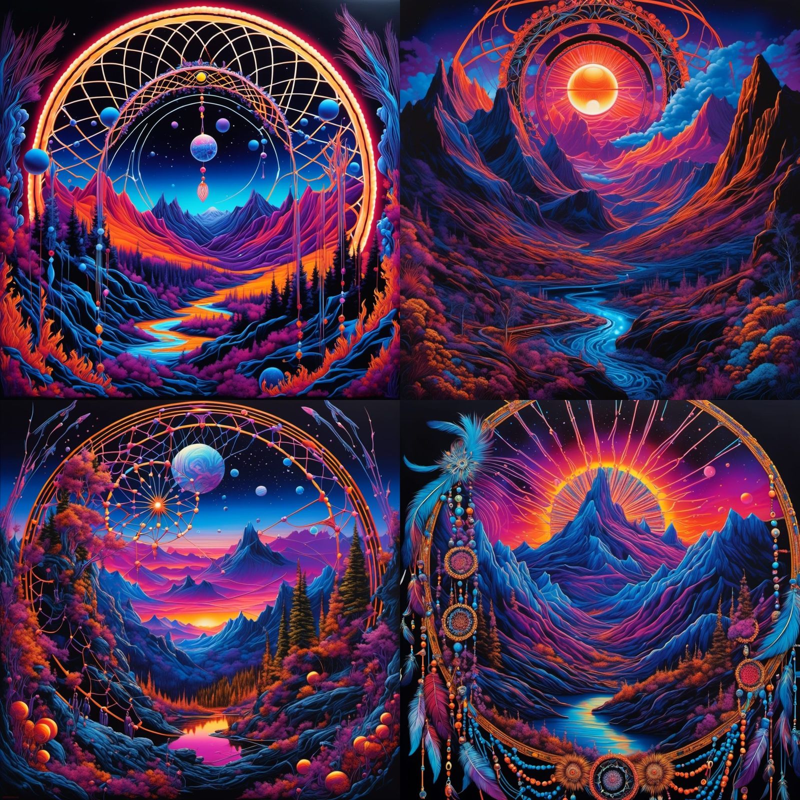 Blacklight painting of mountain landscape within a tribalistic concept ...