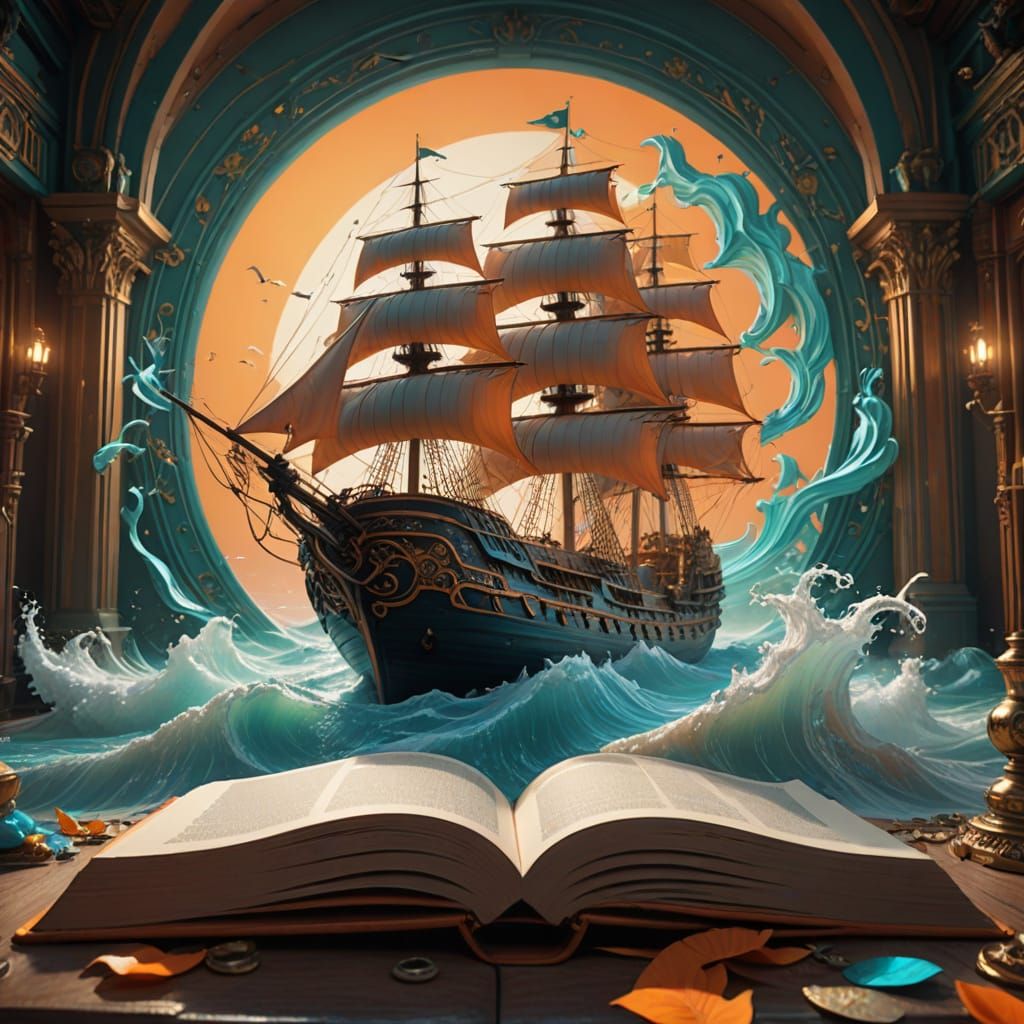 Epic Ship Illustration in Vibrant Triadic Colors - AI Art