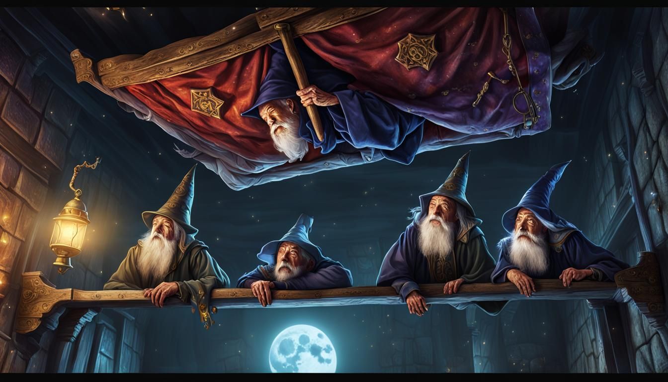 Old wizard sleeping in his bed whilst above him, 3 young wizards are ...