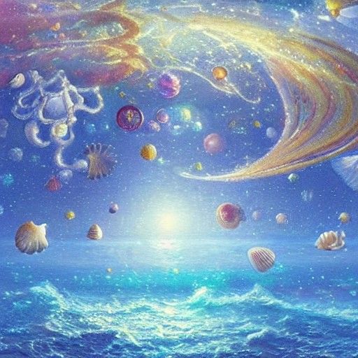 seashells in a bottle floating in space - AI Generated Artwork ...