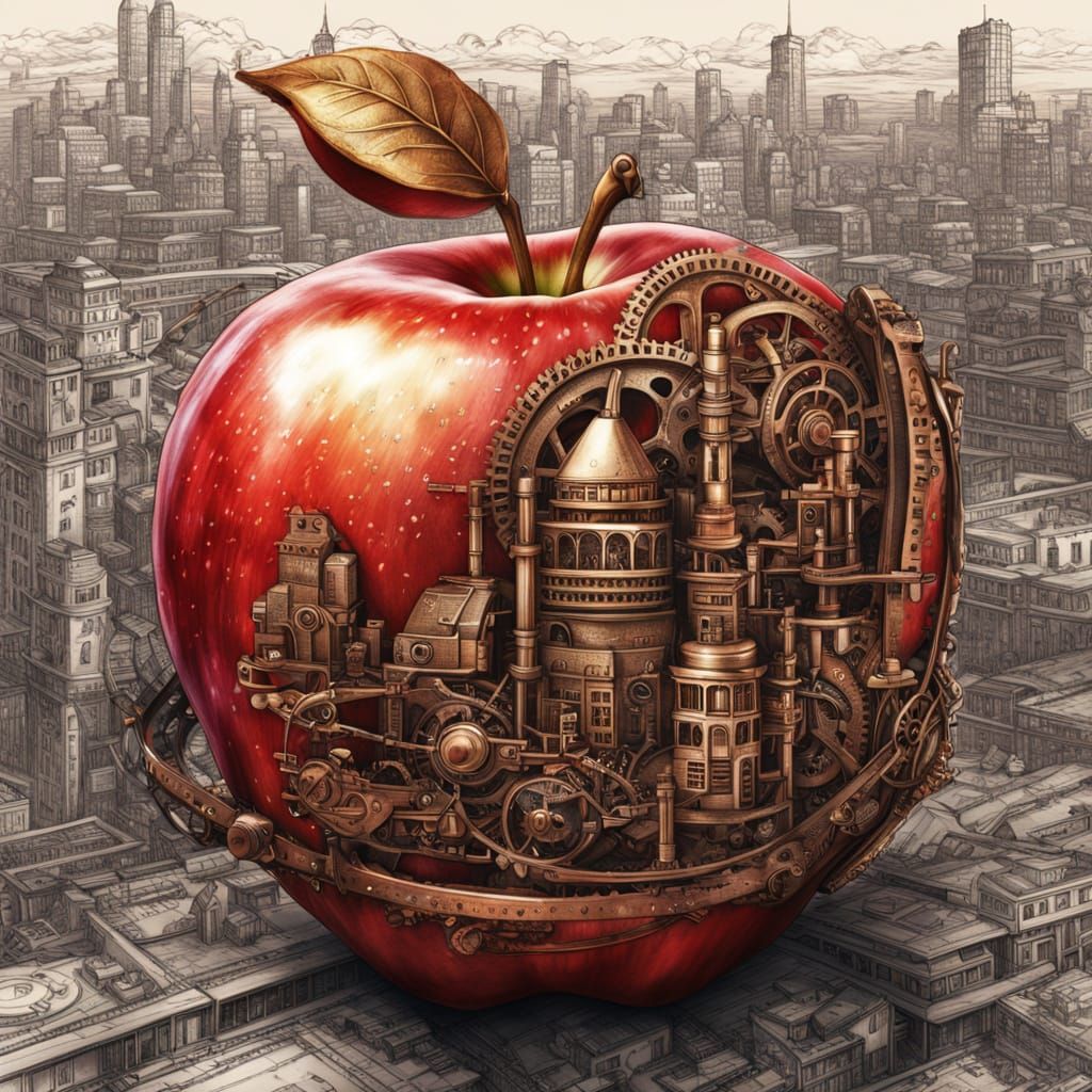Steampunk Apple Reveals Hidden Cityscape in Intric... - AI Art