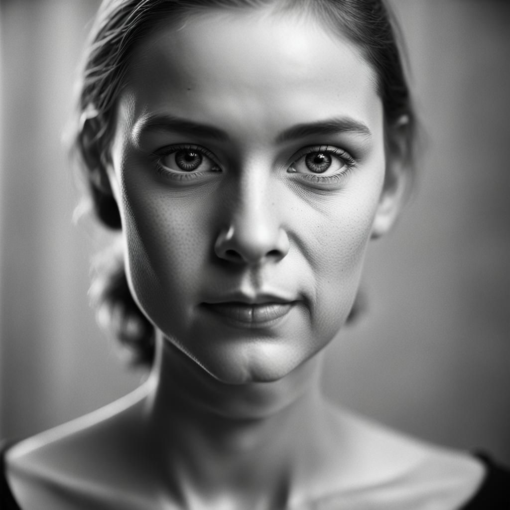 A photorealistic 35mm black and white image of an attractive and ...