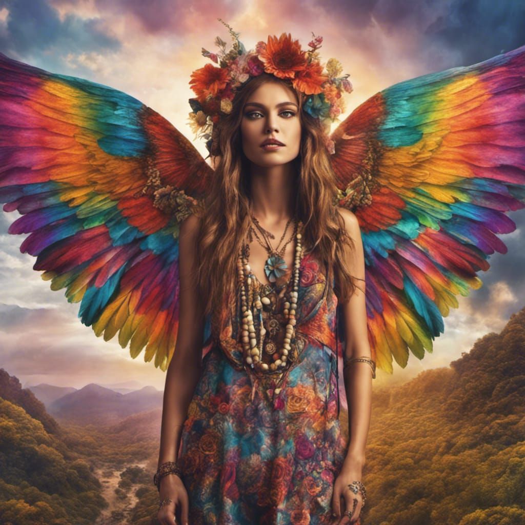wild hippy beautiful woman with colourful wings, boho, gypsy, flower ...